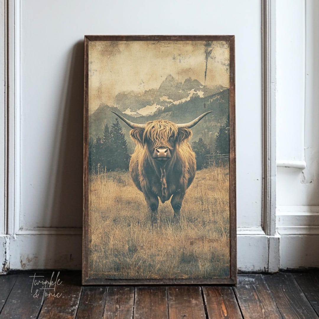 Vintage Highland Cow Poster, Rustic Nursery Art, Dark Academia Painting ...