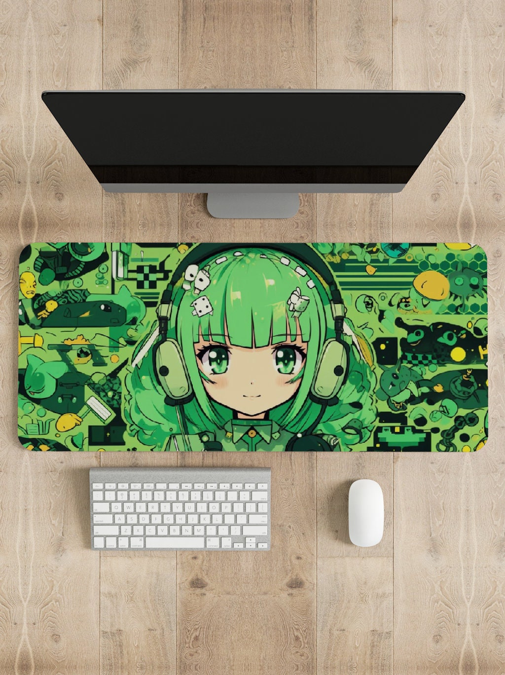Green Japanese Anime Gamer Girl Desk Mat, Aesthetic Anime Mat, Large ...
