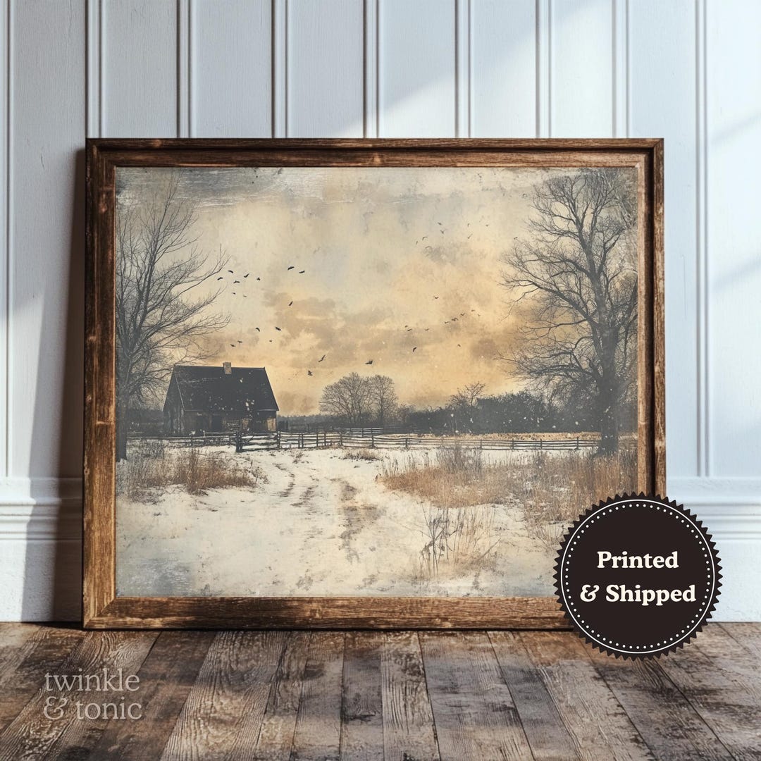 Vintage Farm Art, Rustic Farmhouse Poster, Winter Landscape Decor ...