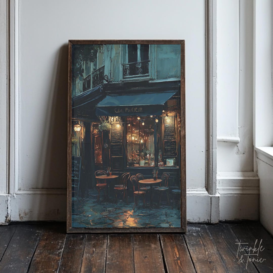Vintage Parisian Cafe Painting, Rainy Street Wall Art French Bistro ...