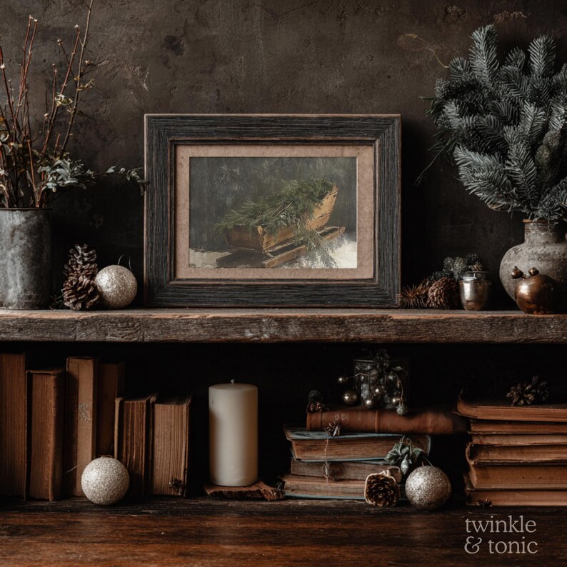 Christmas Sled Painting, Rustic Farmhouse Wall Art, Moody Holiday Print ...