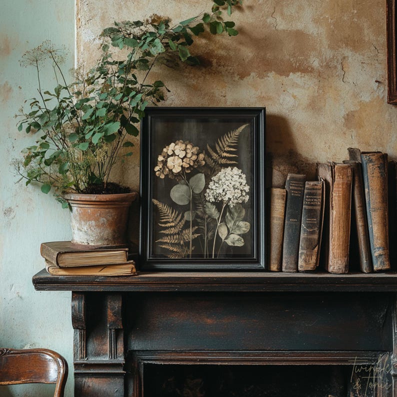 Vintage Hydrangeas Wall Art, Flower Dark Academia Home Decor, Moody ...