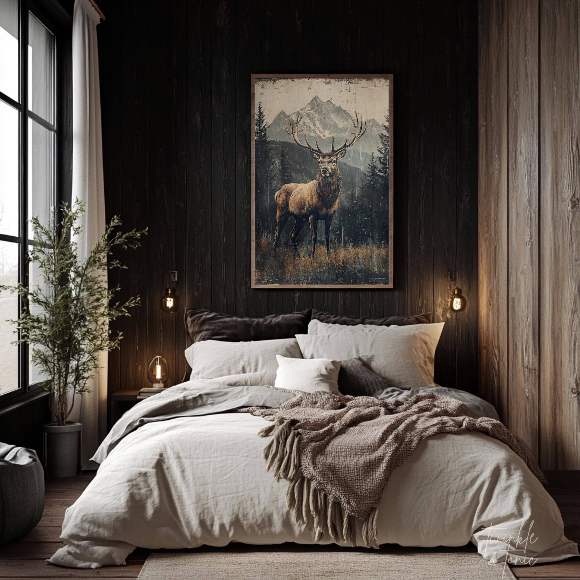 Vintage Deer Poster, Rustic American Art, Farmhouse Landscape Painting ...