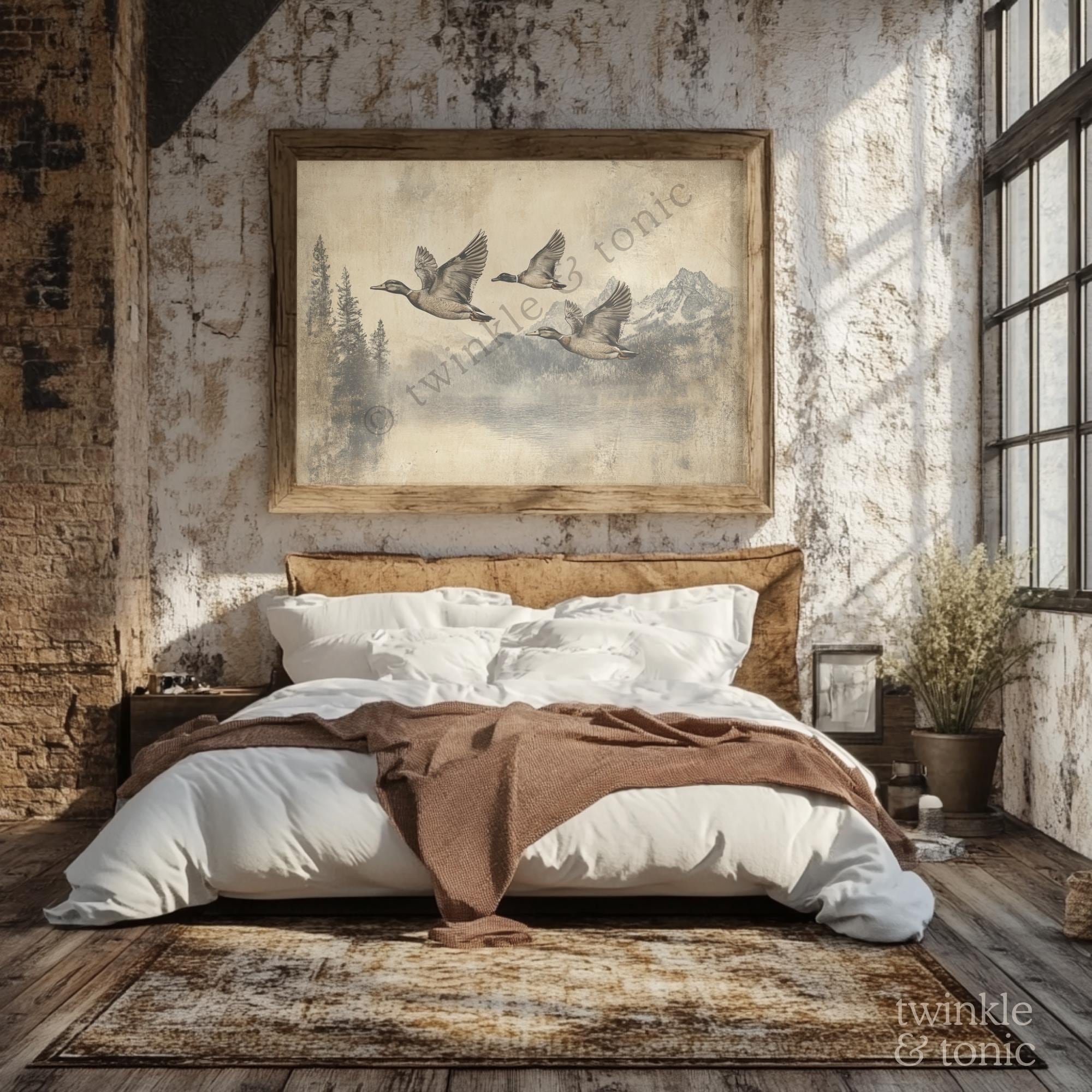 Vintage Mallard Duck Art, Rustic Cabin Print, Antique Man Cave Painting ...