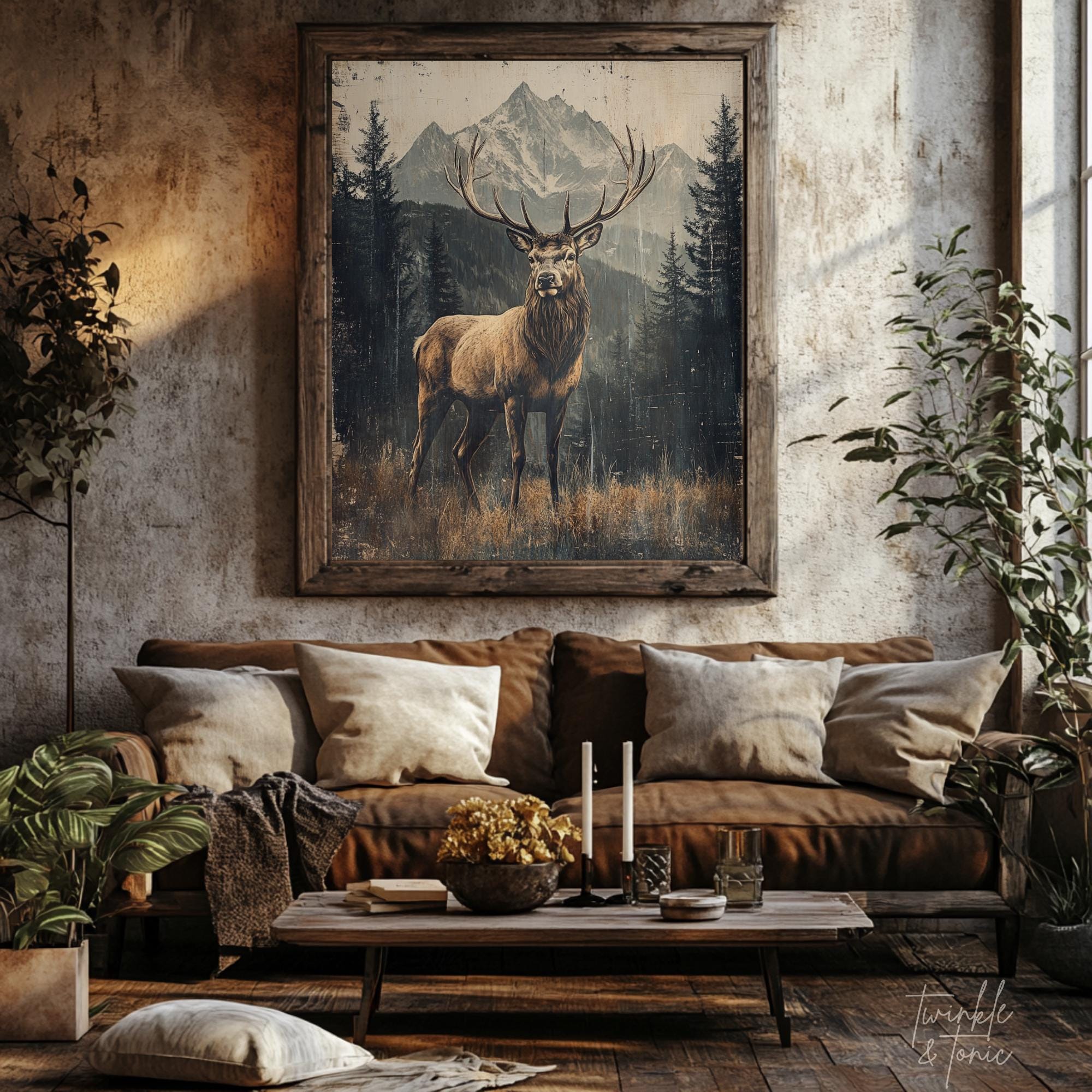 Vintage Deer Poster, Rustic American Art, Farmhouse Landscape Painting ...
