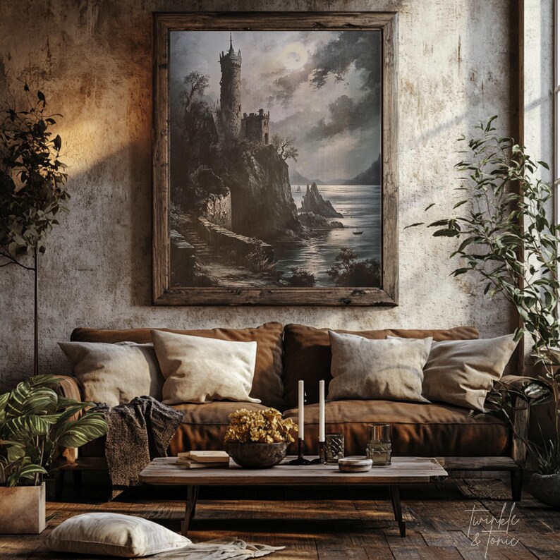 Vintage Castle Seaside Painting, Medieval Wall Art, Dark Academia Print ...