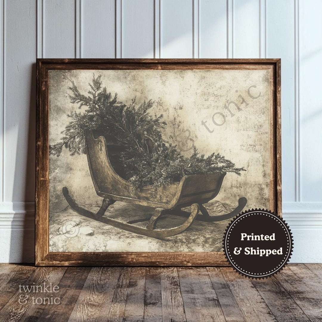 Christmas Sled Painting, Rustic Farmhouse Wall Art, Moody Holiday Print ...
