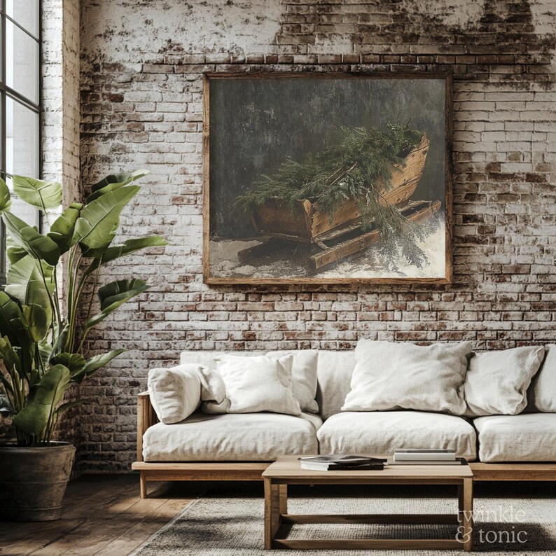 Christmas Sled Painting, Rustic Farmhouse Wall Art, Moody Holiday Print ...