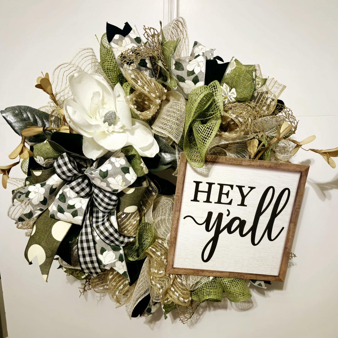 Rustic Magnolia Wreath: Southern Farmhouse "hey Y'all" Front Door Decor ...