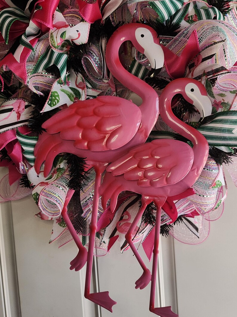 Pink Flamingo Summer Wreath – Tropical Front Door Decor, Coastal Wreath ...