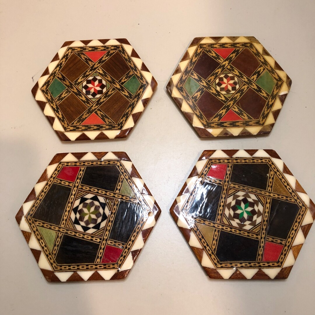 Vintage Inlaid Design Hexagon Coaster Set of 4 Spain - Etsy