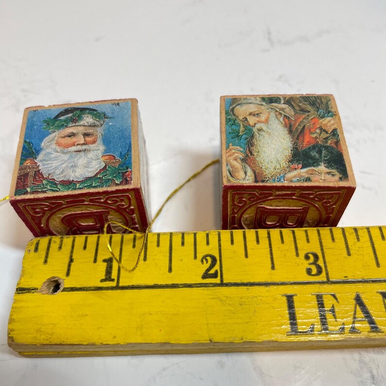 Vintage Wooden Santa Christmas Block Ornaments With Gold Hanging String ...