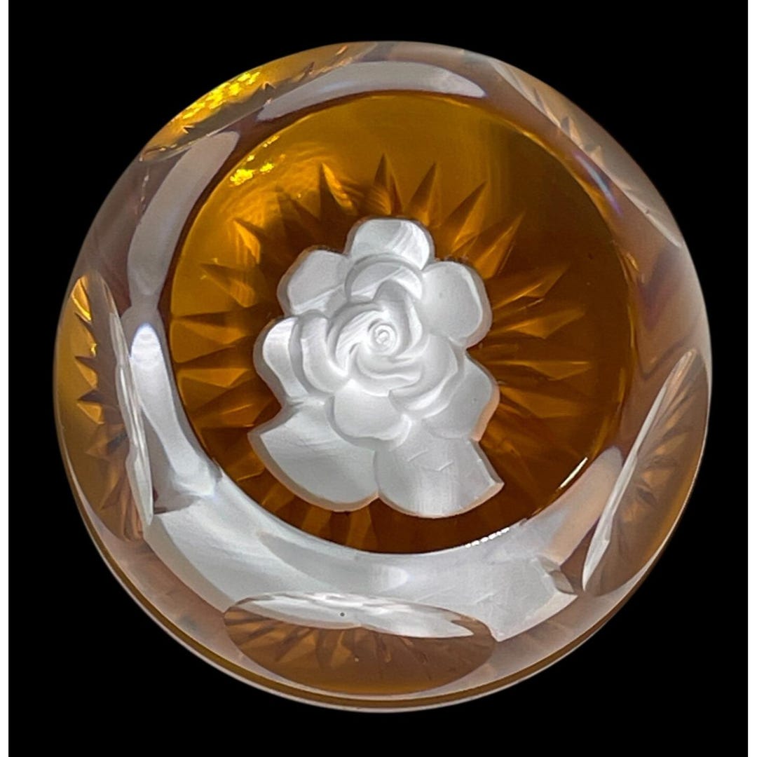 White Rose & Amber Crystal Paperweight by Eickholt Signed 2000 - Etsy