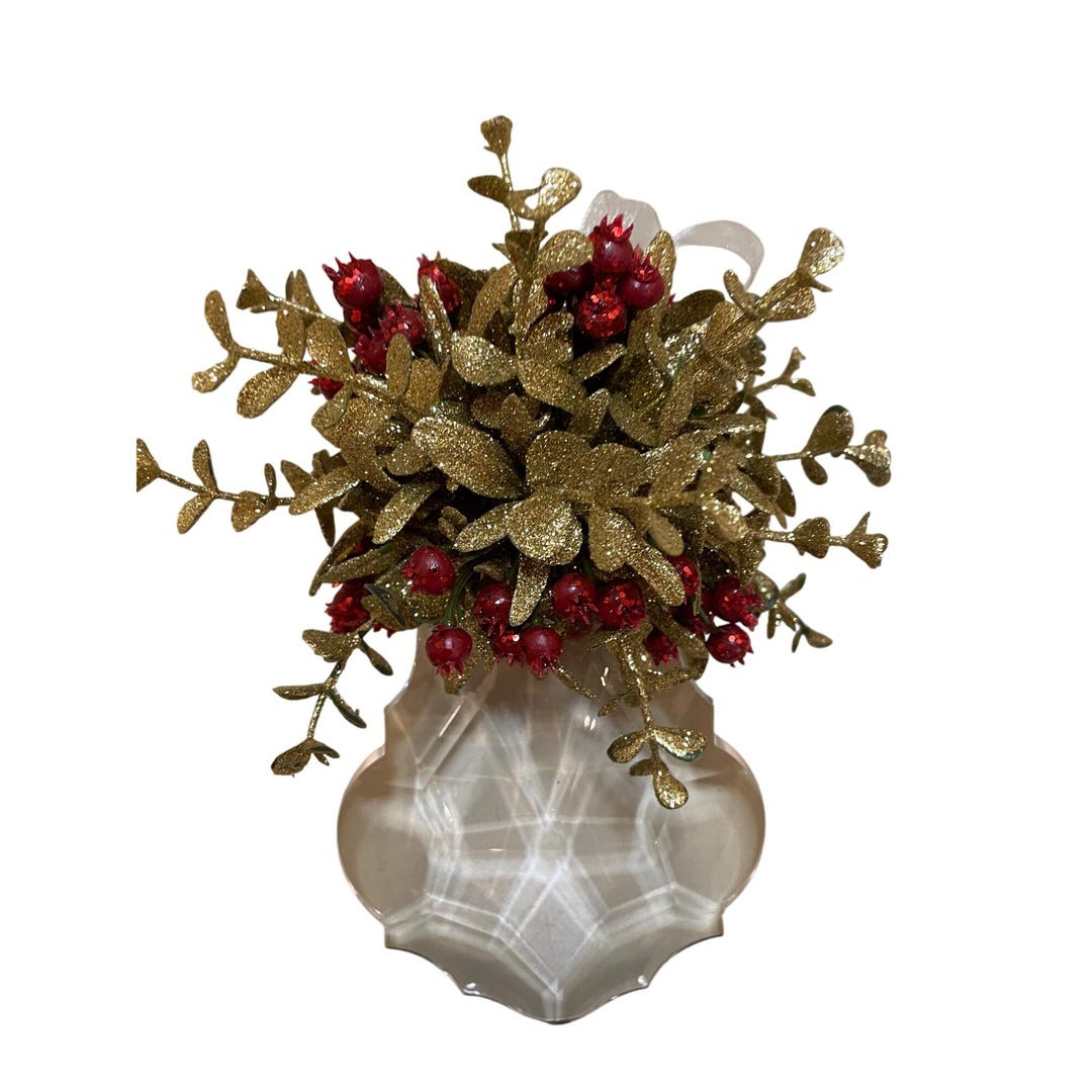 Vintage Gold & Red Glitter Artificial Mistletoe Ornament With Clear ...