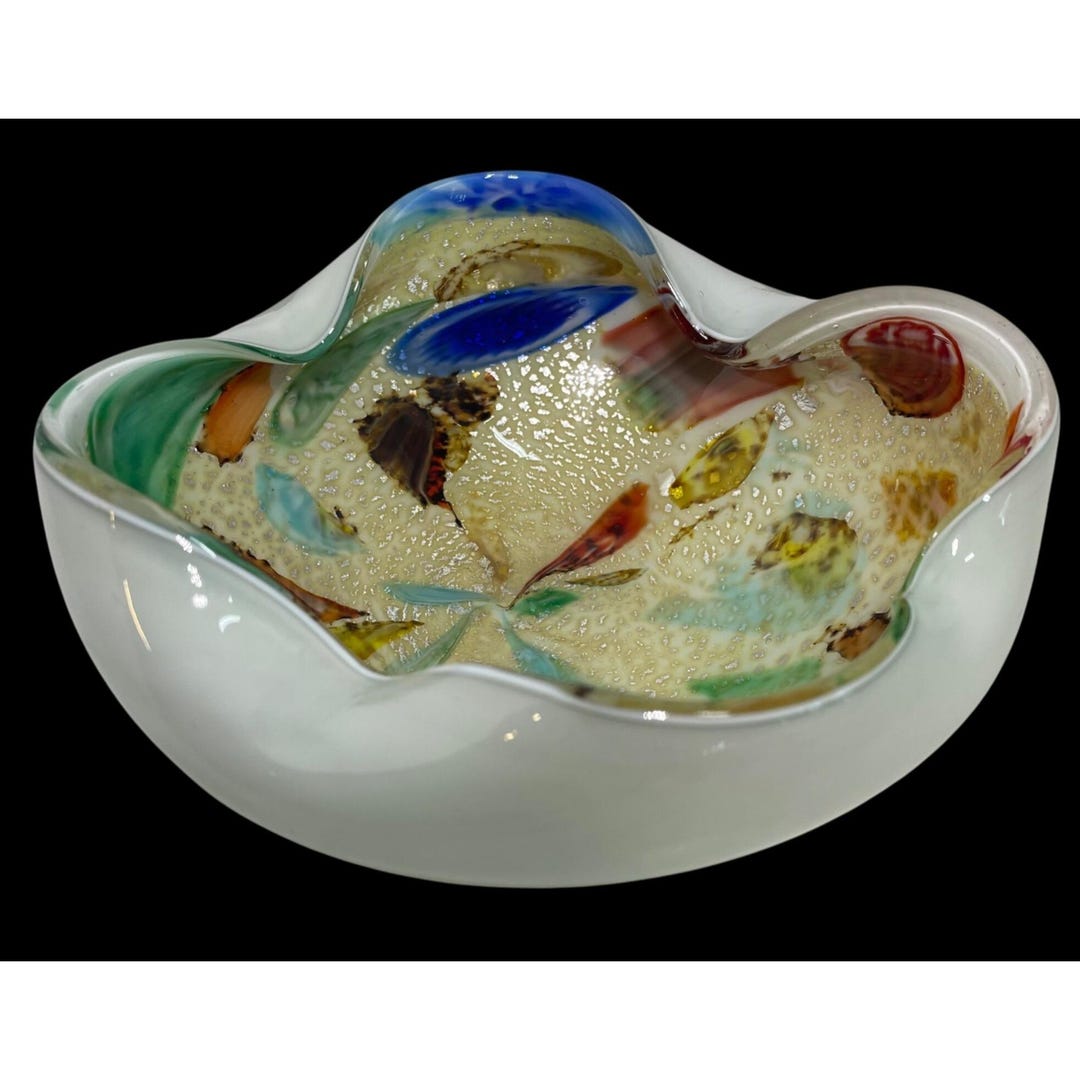Handmade Murano Glass Bowl With Abstract Multi-color Leaf Patterns and ...