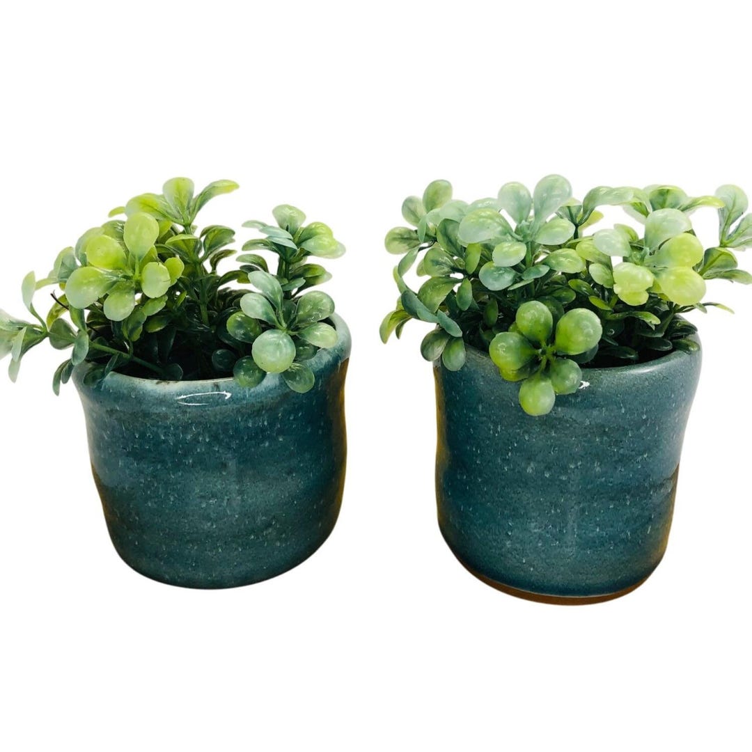 Set of 2 Handmade Ceramic Planters Blue Glazed Finish Small Indoor Pots ...
