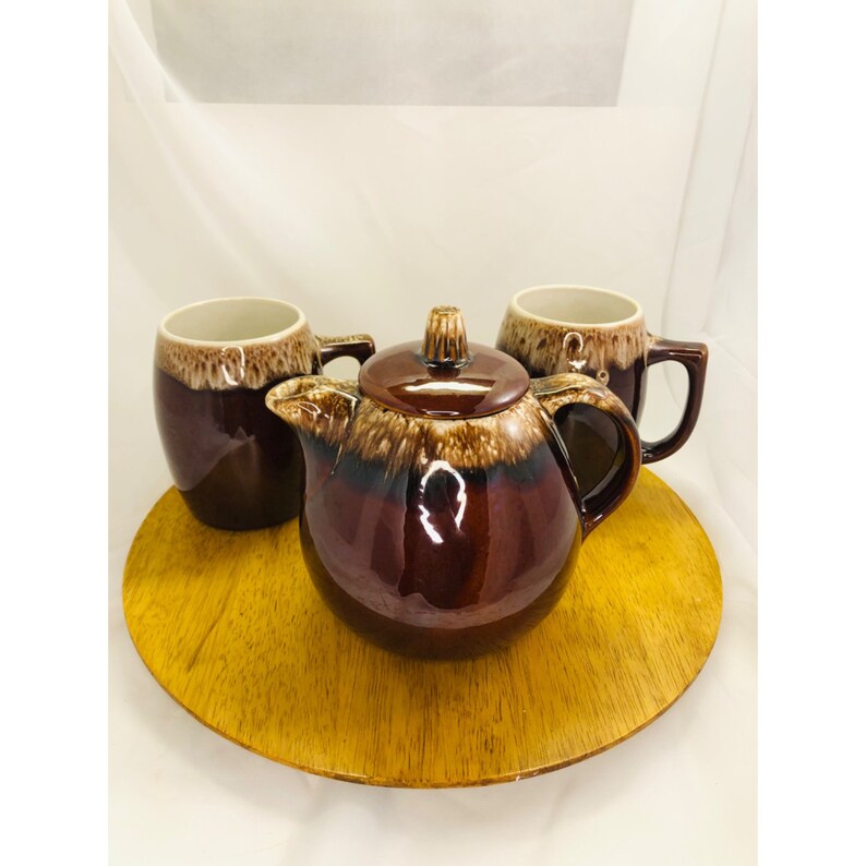 Vintage Hull Oven Proof Pottery Brown Drip Glaze Tea Pot and 2 Large ...
