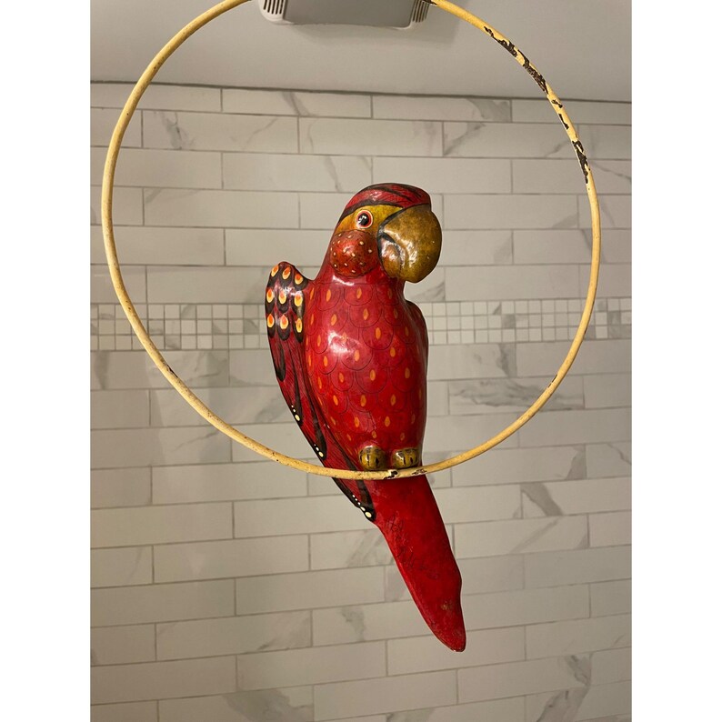 Vtg MCM Hanging Hand Painted Paper Mache Toucan Perched Hoop Parrot ...