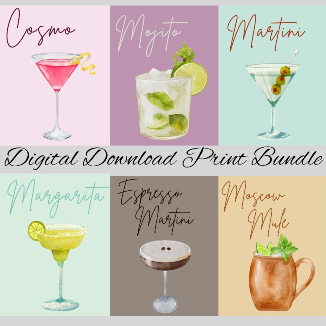 Set of 6 Cocktail Prints, Bar Cart Prints, Cocktail Wall Art ...