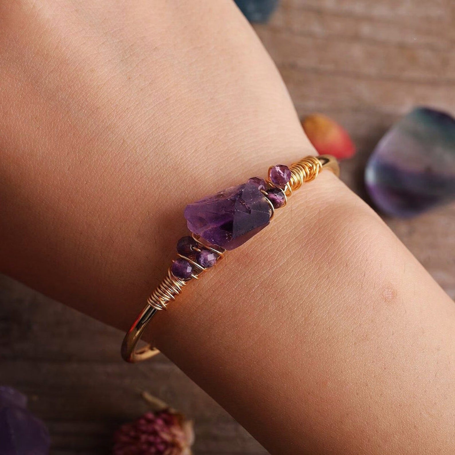 Amethyst Gold Bracelet, Raw Crystal Cuff Bracelets, Wire Wrap Handmade ...