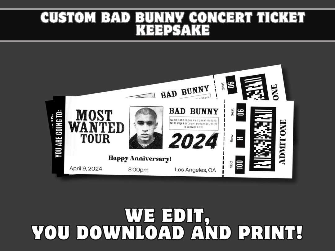 Personalized 2024 Bad Bunny Most Wanted Tour Concert Ticket Keepsake ...