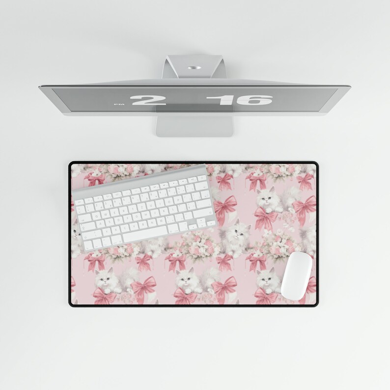 Kitty Cat Deskmat With Pink Bows Desk Mat Coquette Room Decor ...