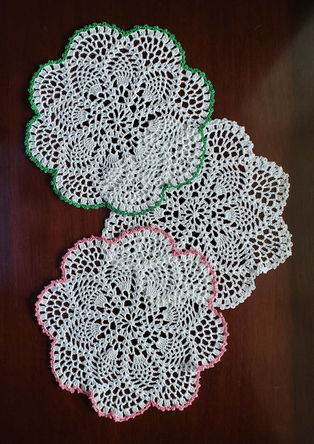 Rounded Crocheted Pineapple Motif Doily in White or Tan With Colored ...