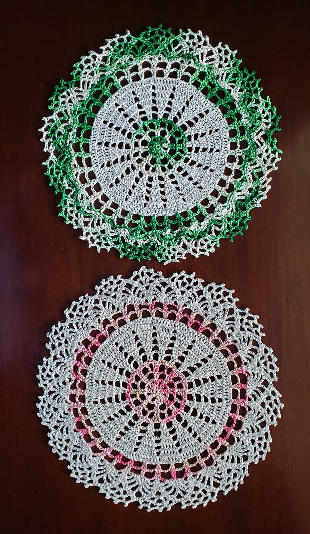 Round Crocheted Wheel Motif Doily in White and Variegated Green OR ...