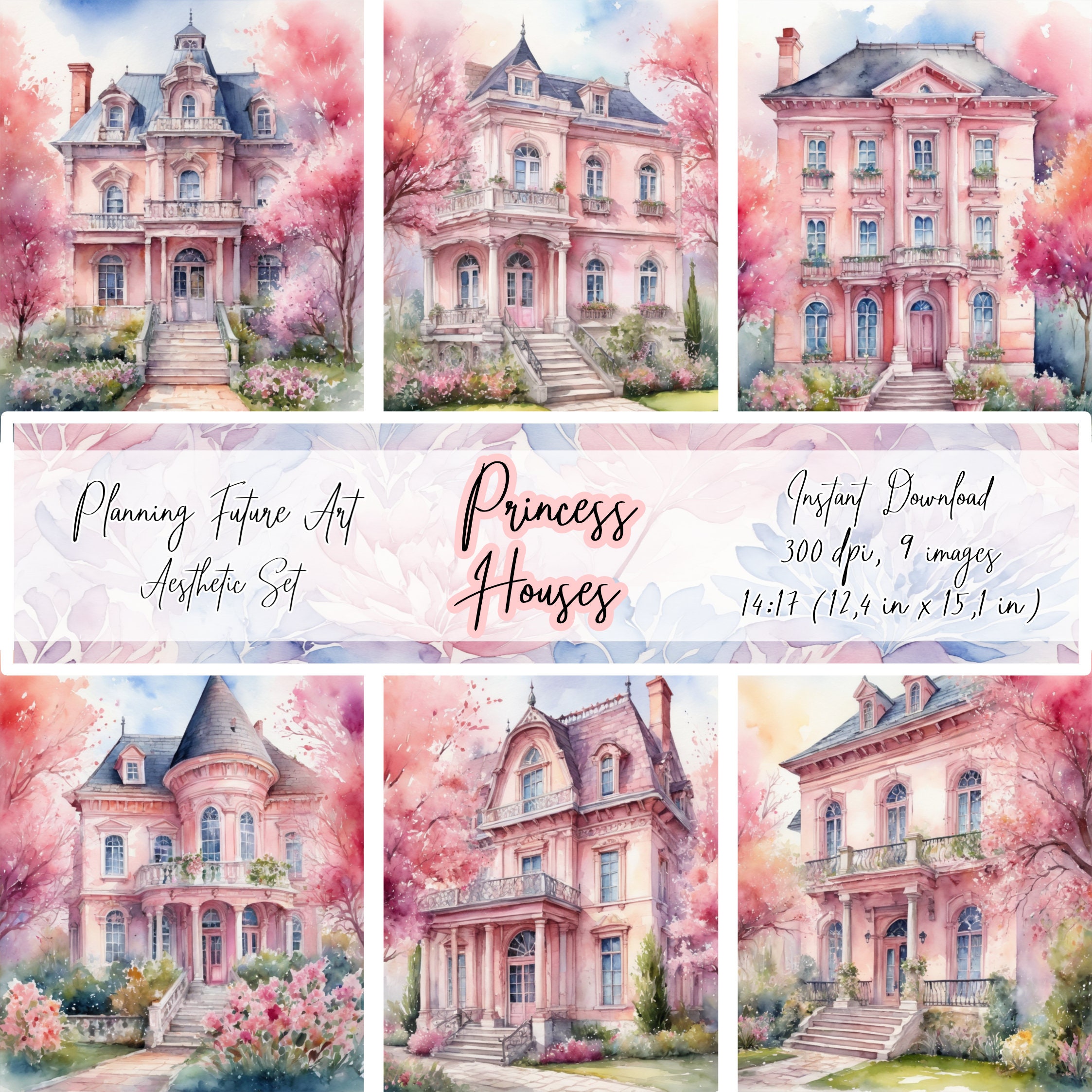 Princess Houses, Watercolor Clip Art Bundle, Romantic Pink Clipart ...