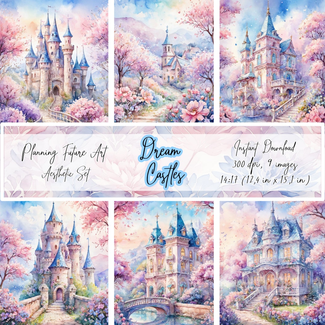 Dream Castles, Watercolor Clip Art Bundle, Romantic Pink Clipart ...