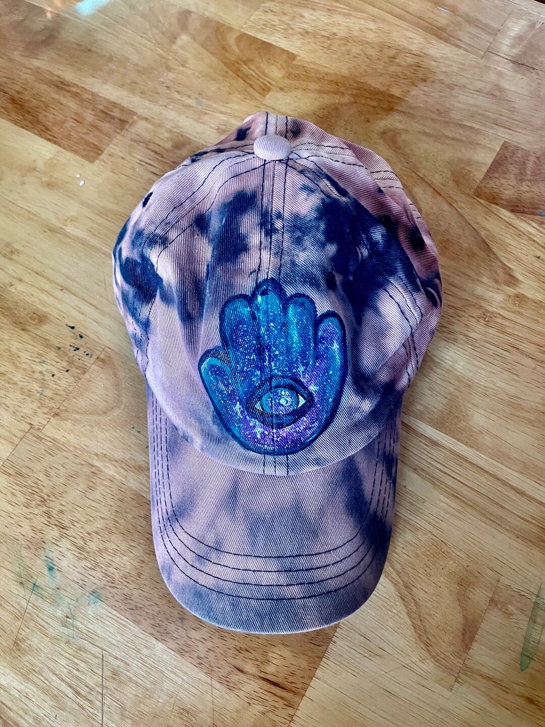 Galaxy Hand Painted Baseball Cap, Bleach Dye Pink and Navy Eye and Hand ...