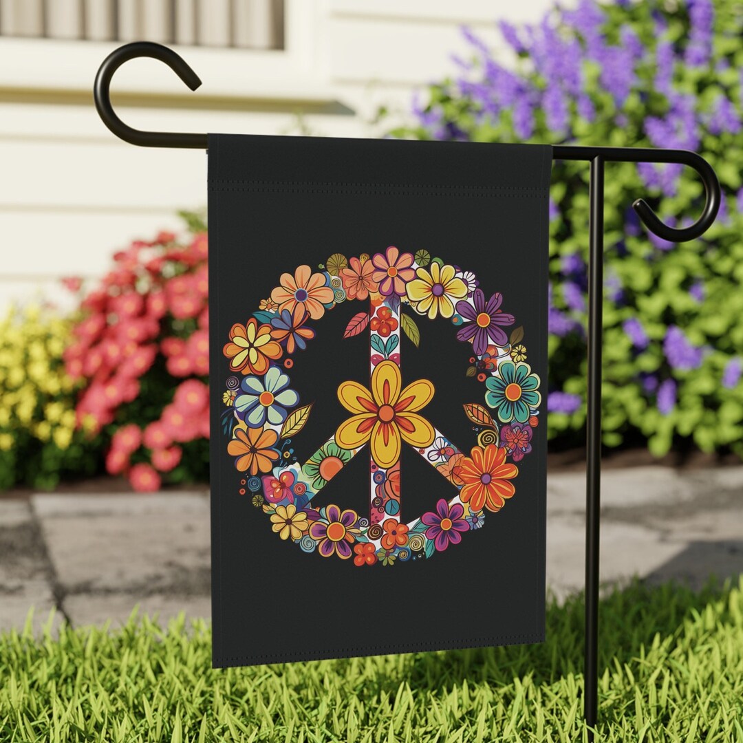 Retro Floral Peace Sign Garden Flag Floral Spring Garden Flag Hippie ...