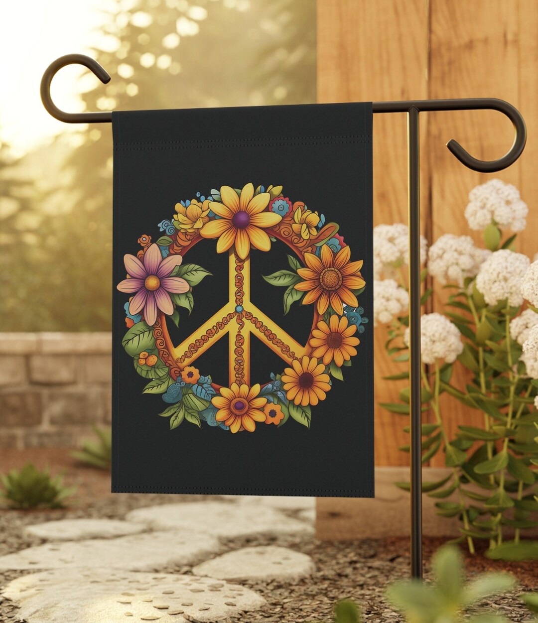 Retro Floral Peace Sign Garden Flag Floral Spring Garden Flag Hippie ...