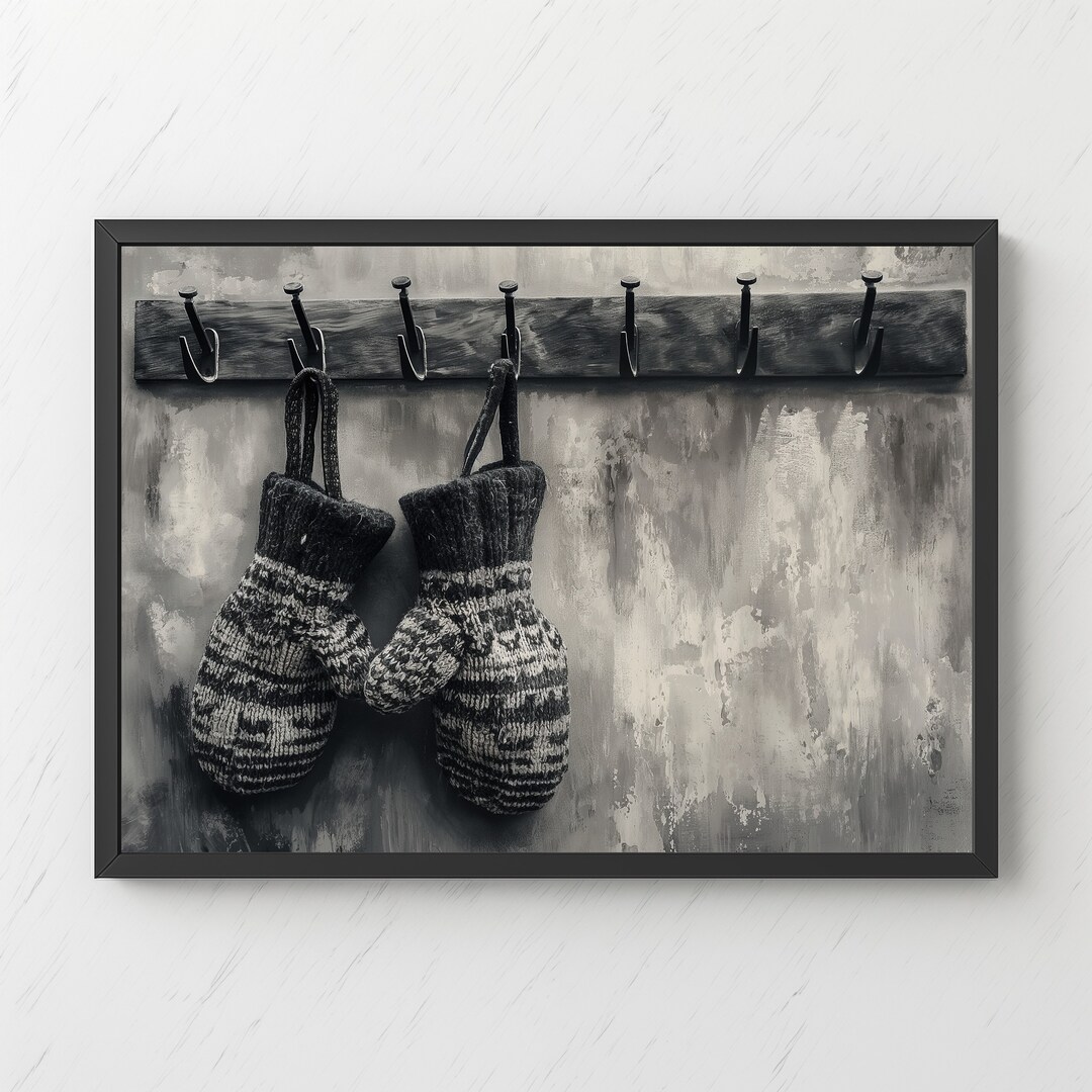 Mittens Hanging on Coat Rack: Printable Oil Painting Rustic Landscape Art Rustic Decor Digital ...