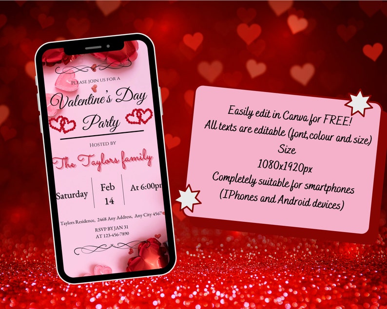 Editable Digital Heart Valentine Invitation, Electronic Valentine Party ...