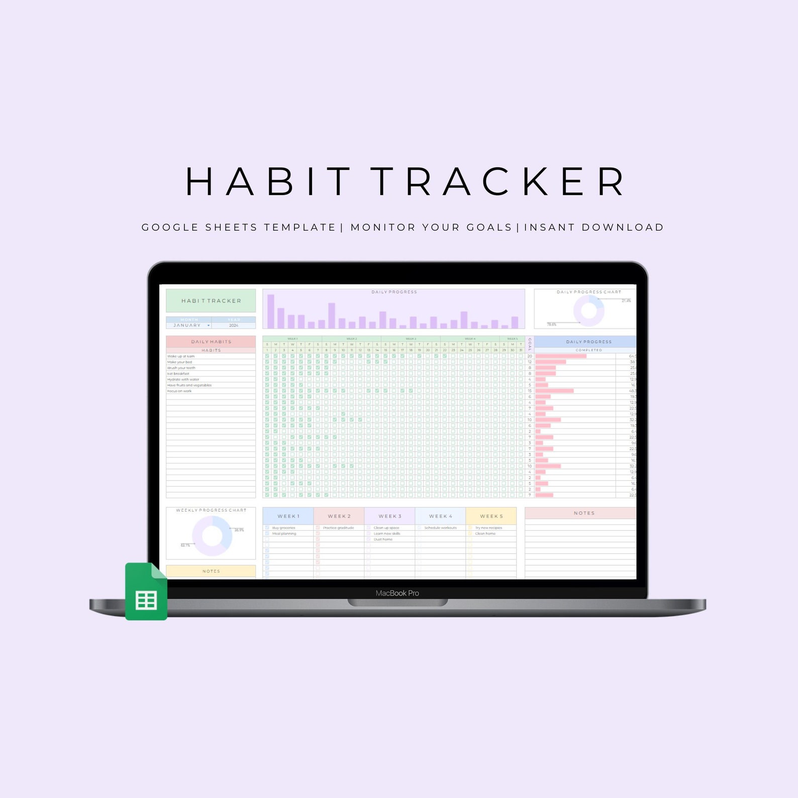 Daily and Weekly Habit Tracker Google Sheets Template - Habit Planner ...
