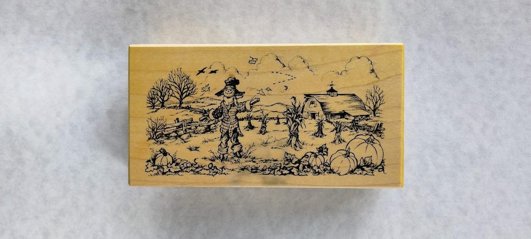 Autumn Farm Scene Rubber Stamp, Scarecrow Stamp, for Stamping With Inks ...