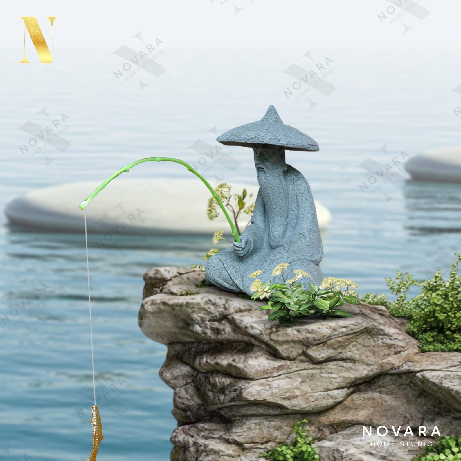 Zen Fisherman Sculpture Made of Stone , Feng Shui Garden Ornament ...