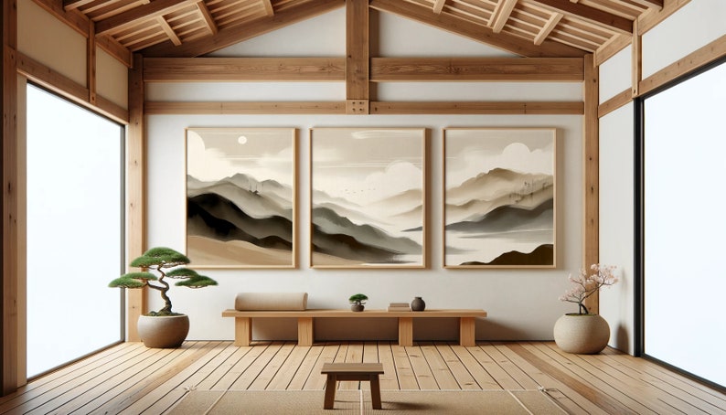 Set of 3 Japanese Landscape Wall Arts, Japandi Poster, Japanese Artwork ...