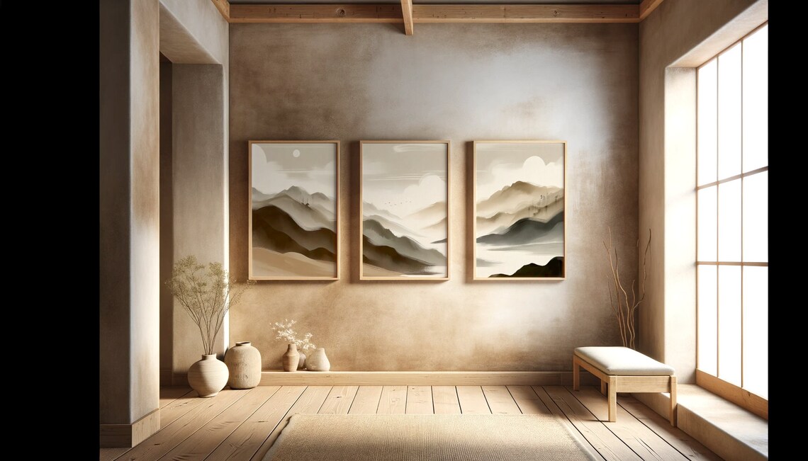 Set of 3 Japanese Landscape Wall Arts, Japandi Poster, Japanese Artwork ...