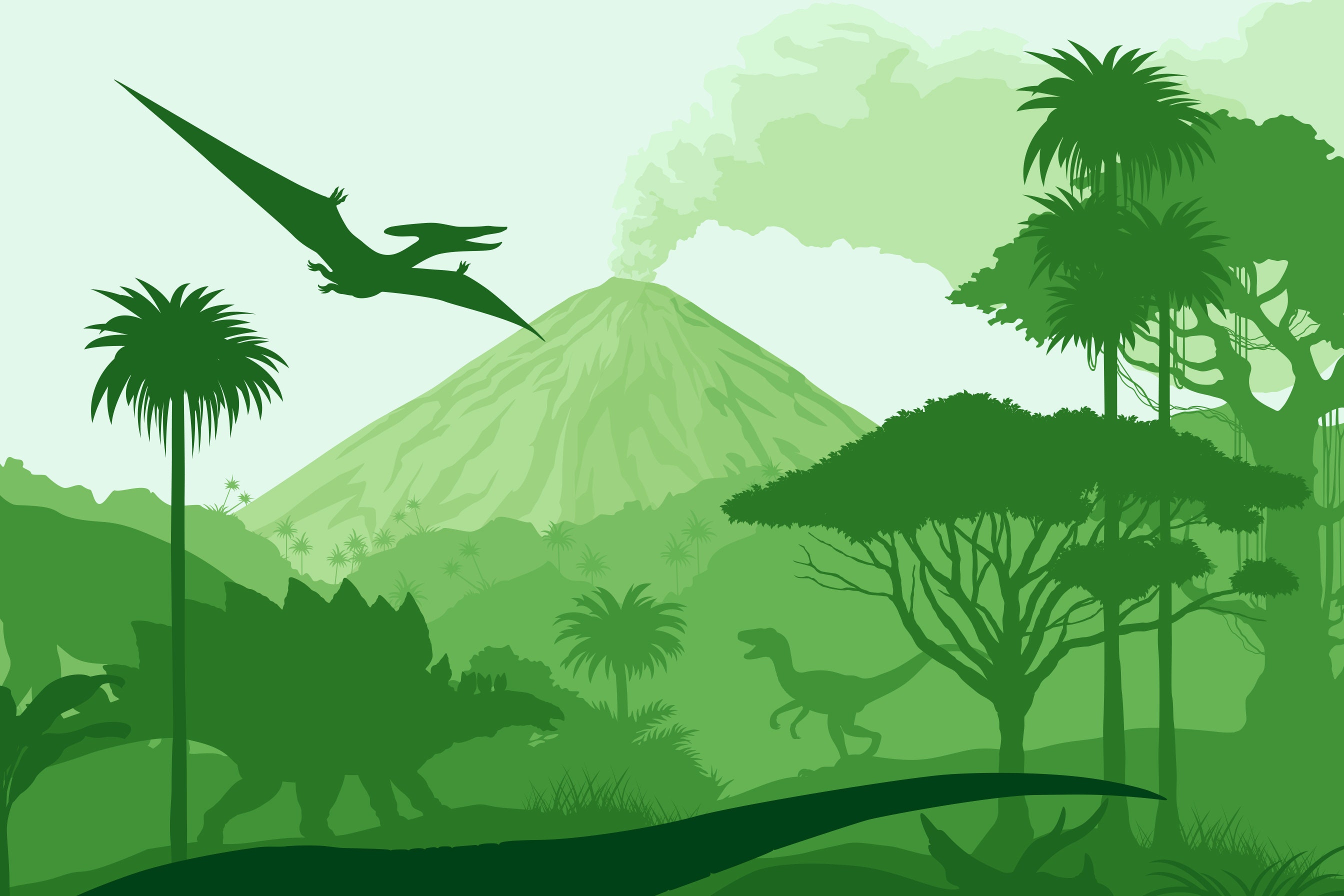 Vector Prehistoric Jungle Background With Dinosaurs. Wall Mural With ...