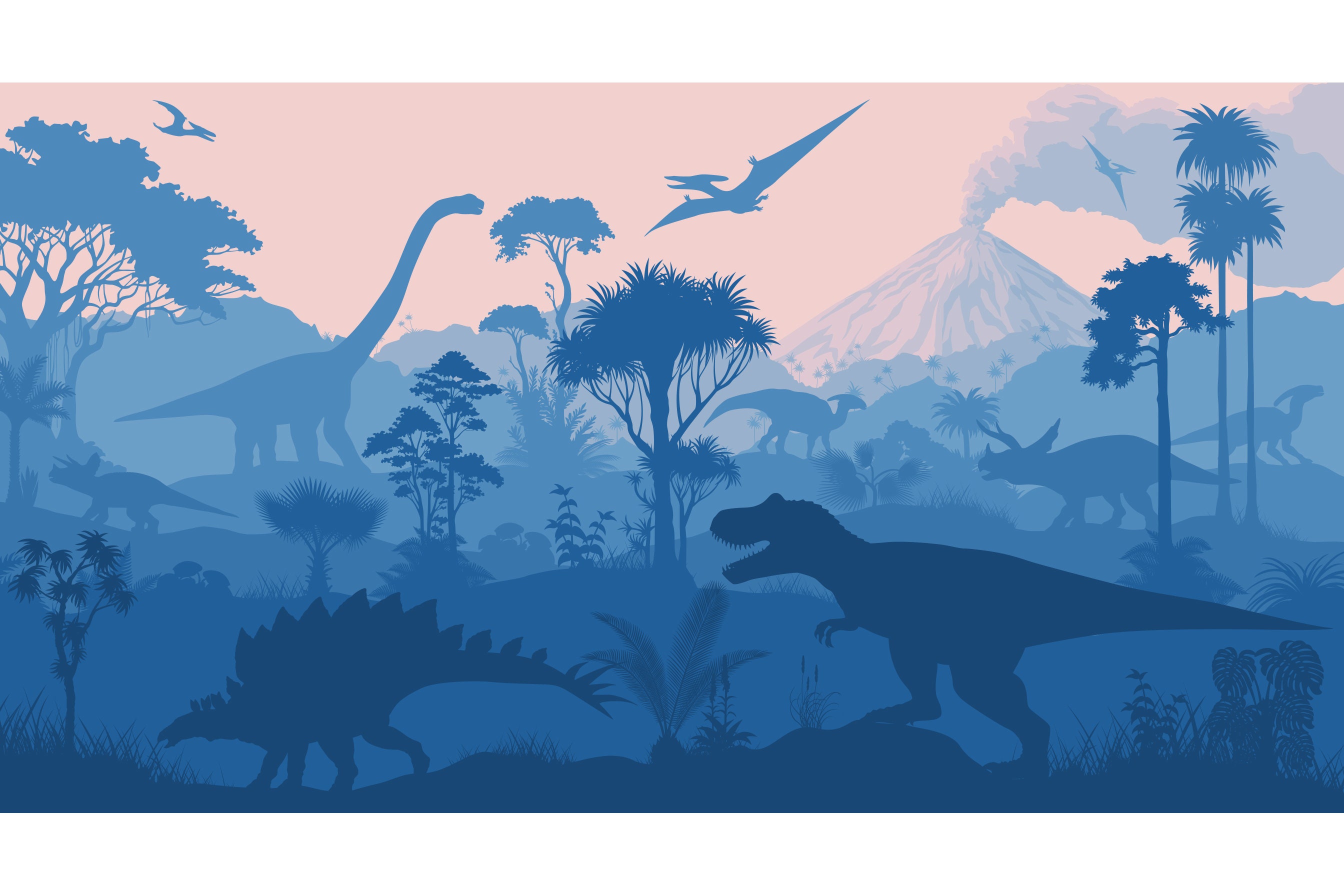 Vector Prehistoric Jungle Background With Dinosaurs. Wall Mural With ...