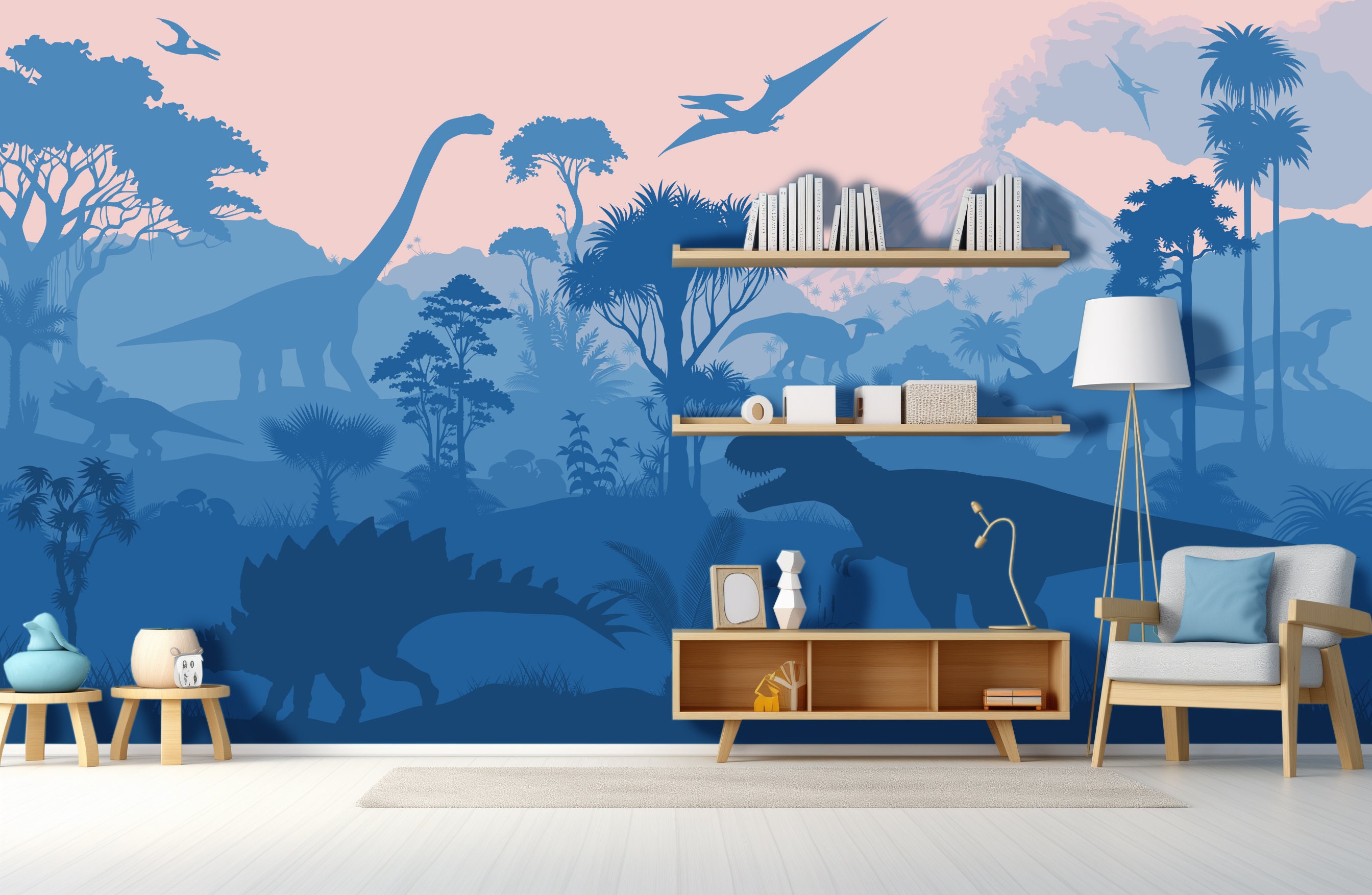 Vector Prehistoric Jungle Background With Dinosaurs. Wall Mural With ...