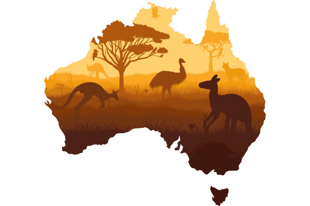 Vector Map of Australia With Desert, Kangaroo, Cockatoo, Dingo, Echidna ...