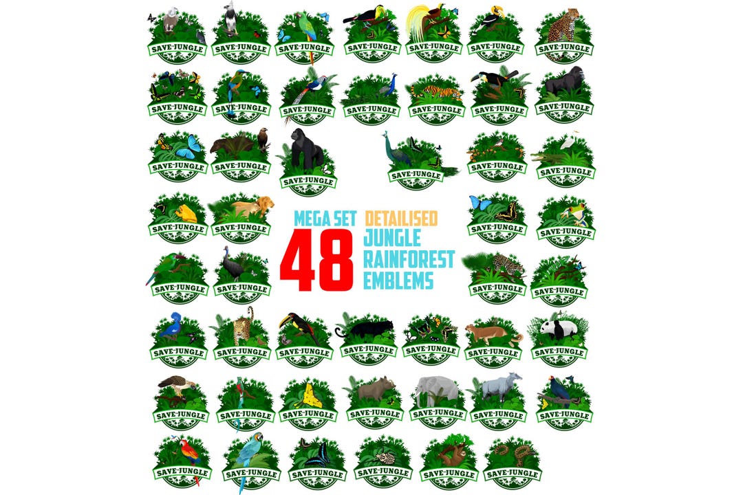 Mega Set of Detailised Vector Jungle Rainforest Emblems With Different ...