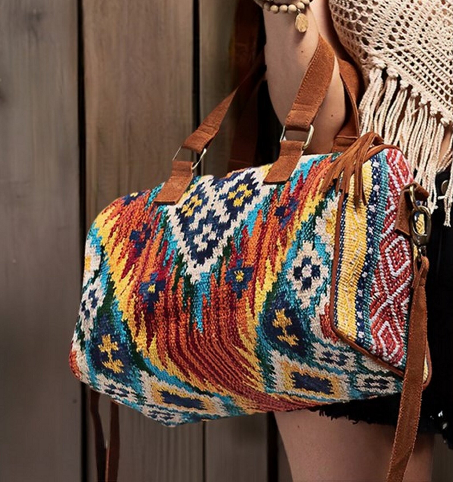 Large Aztec Shoulder Bag Colorful Cotton Handbag With Genuine Leather ...