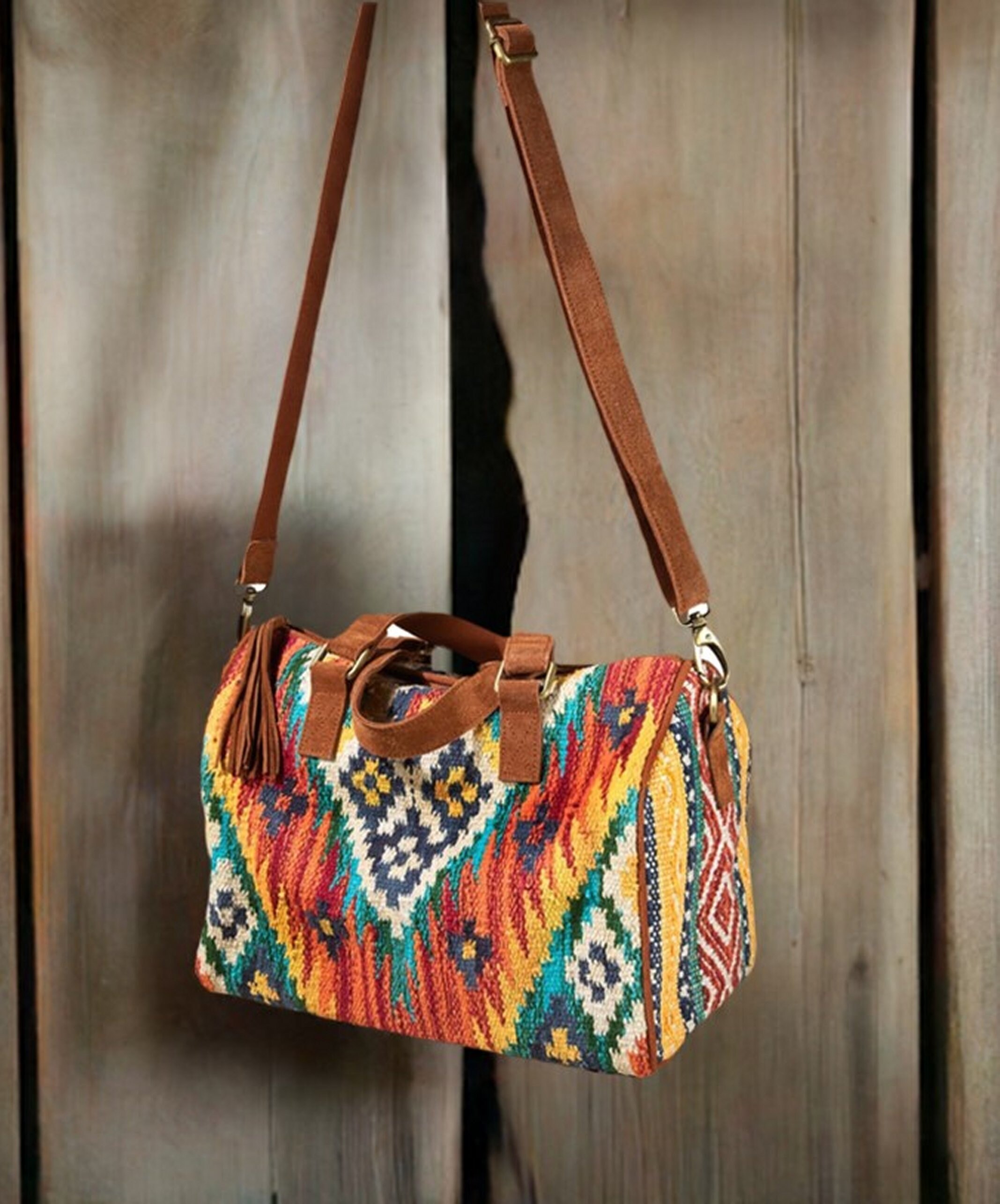 Large Aztec Shoulder Bag Colorful Cotton Handbag With Genuine Leather ...