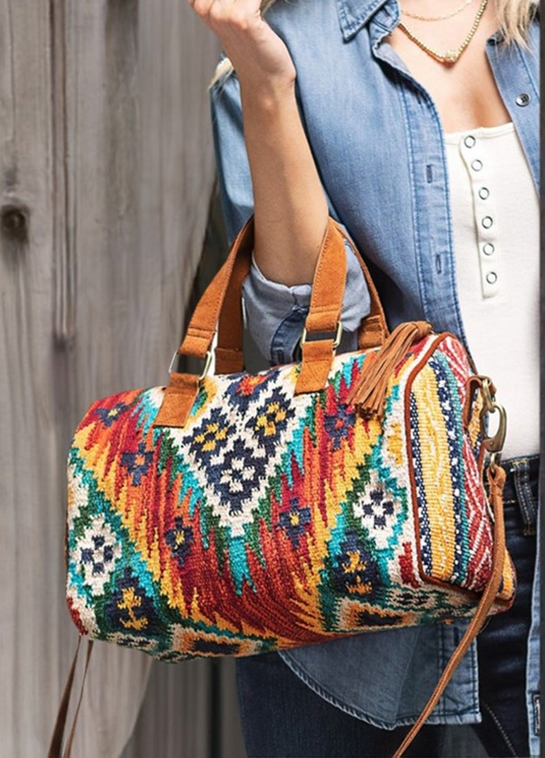 Large Aztec Shoulder Bag Colorful Cotton Handbag With Genuine Leather ...