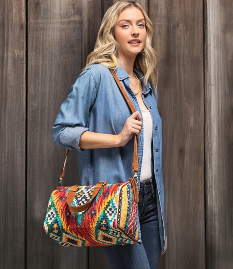Large Aztec Shoulder Bag Colorful Cotton Handbag With Genuine Leather ...