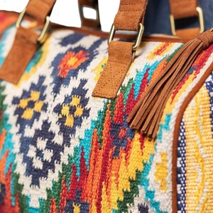 Large Aztec Shoulder Bag Colorful Cotton Handbag With Genuine Leather ...